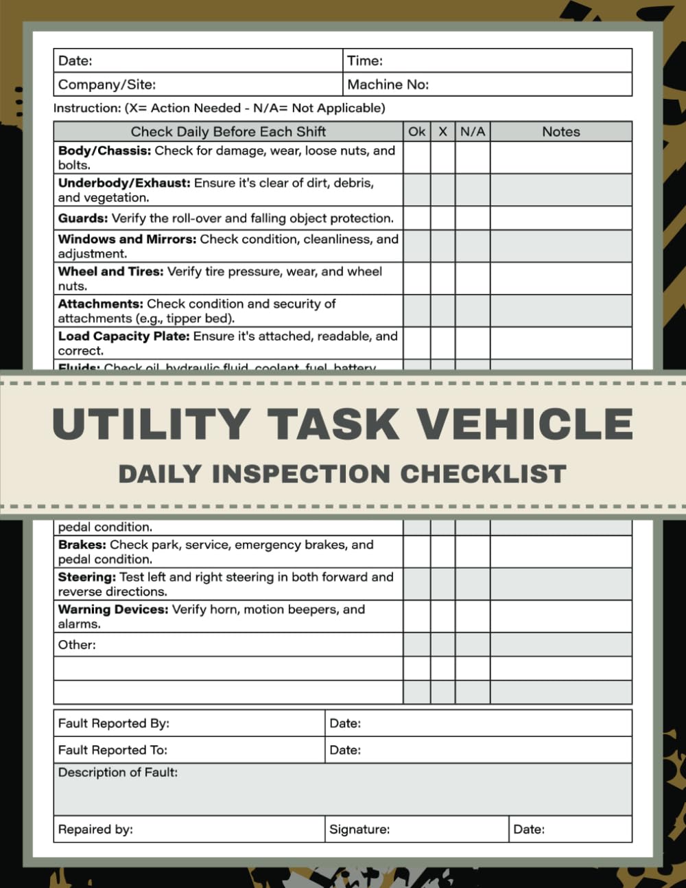 Utility Task Vehicle Daily Inspection Checklist Utv Pre Start ...