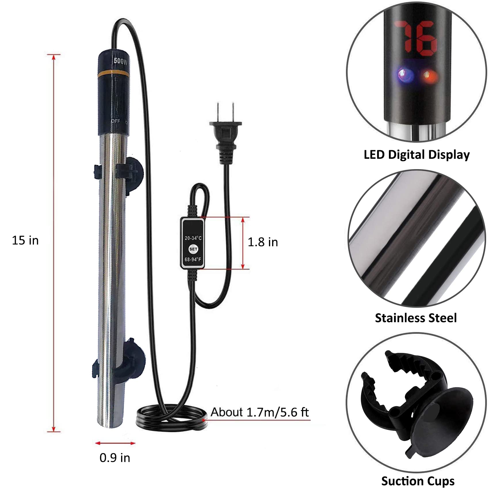 Snapklik.com : ZHGSERVU Aquarium Heater, 500W Submersible Fish Tank ...
