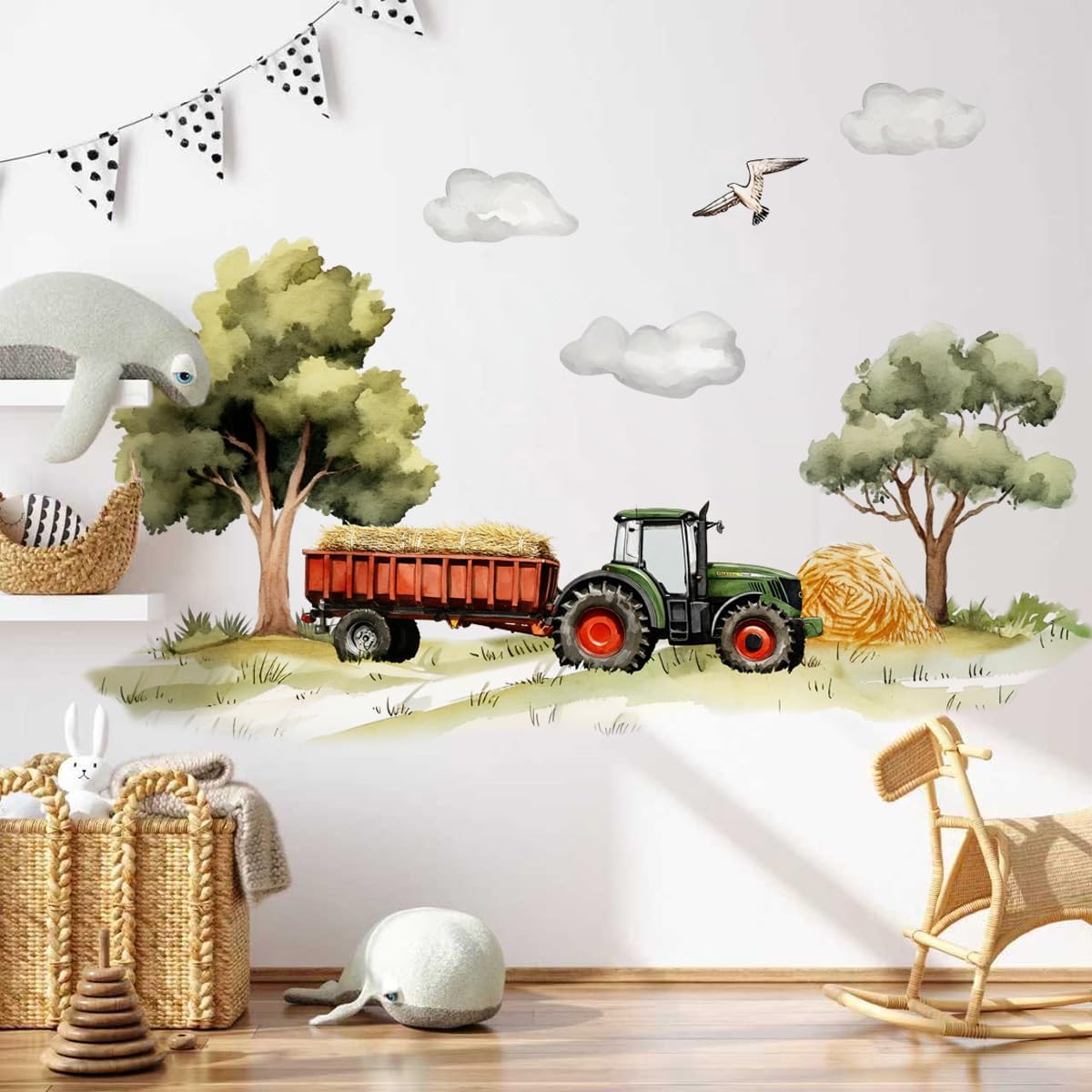 Amazon.com: Farm Tractor Wall Decal,Farmhouse Animals Birds,Clouds ...