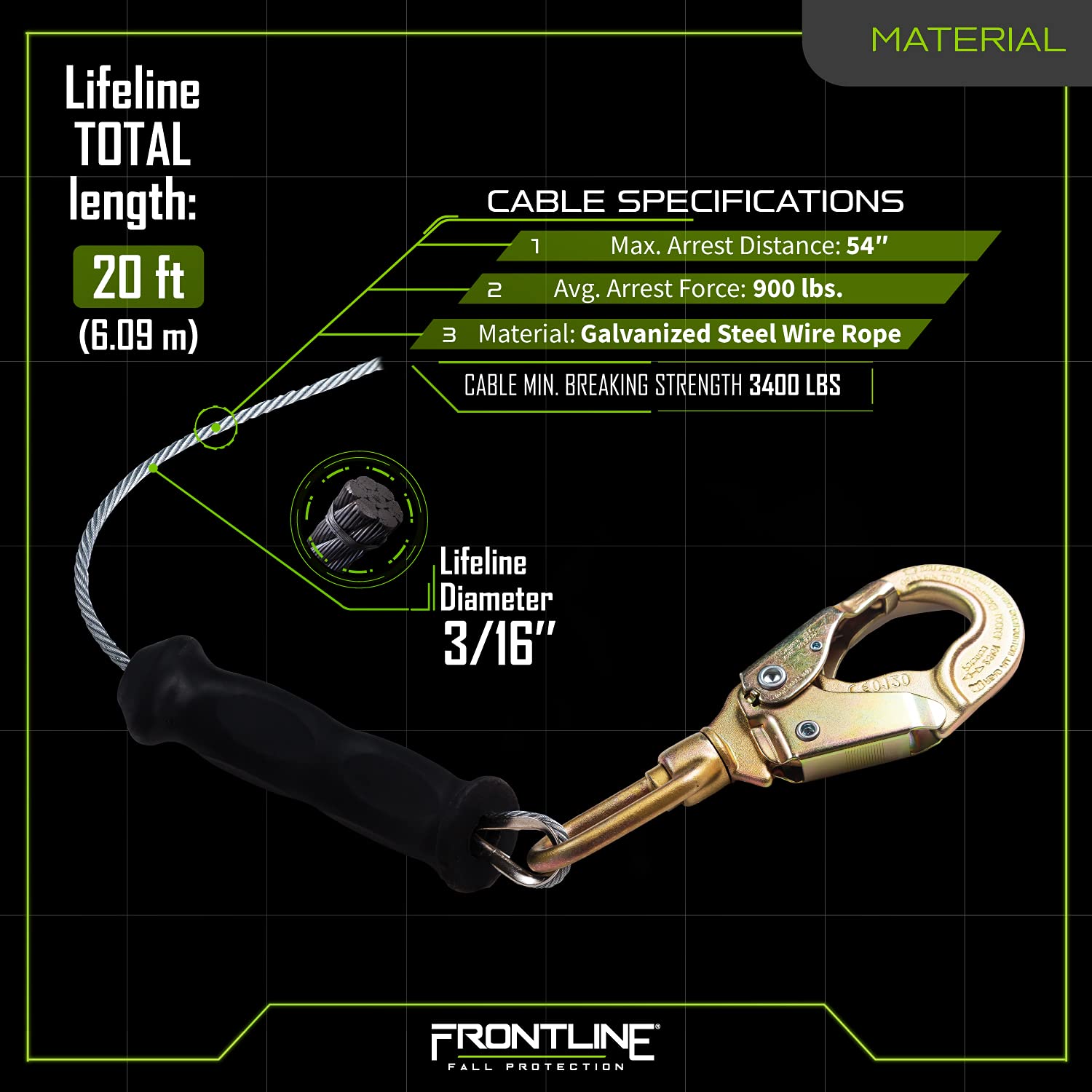 Frontline RPG20 Cable Single Leg 20ft SRL with Steel Snap Hook End ...