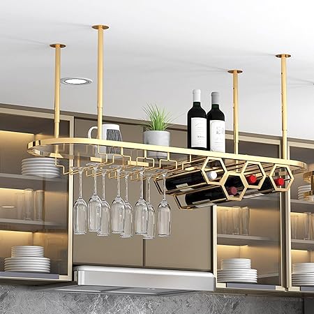 Amazon.com: Wine Glass Rack Under The Ceiling Adjustable, Gold Hanging ...