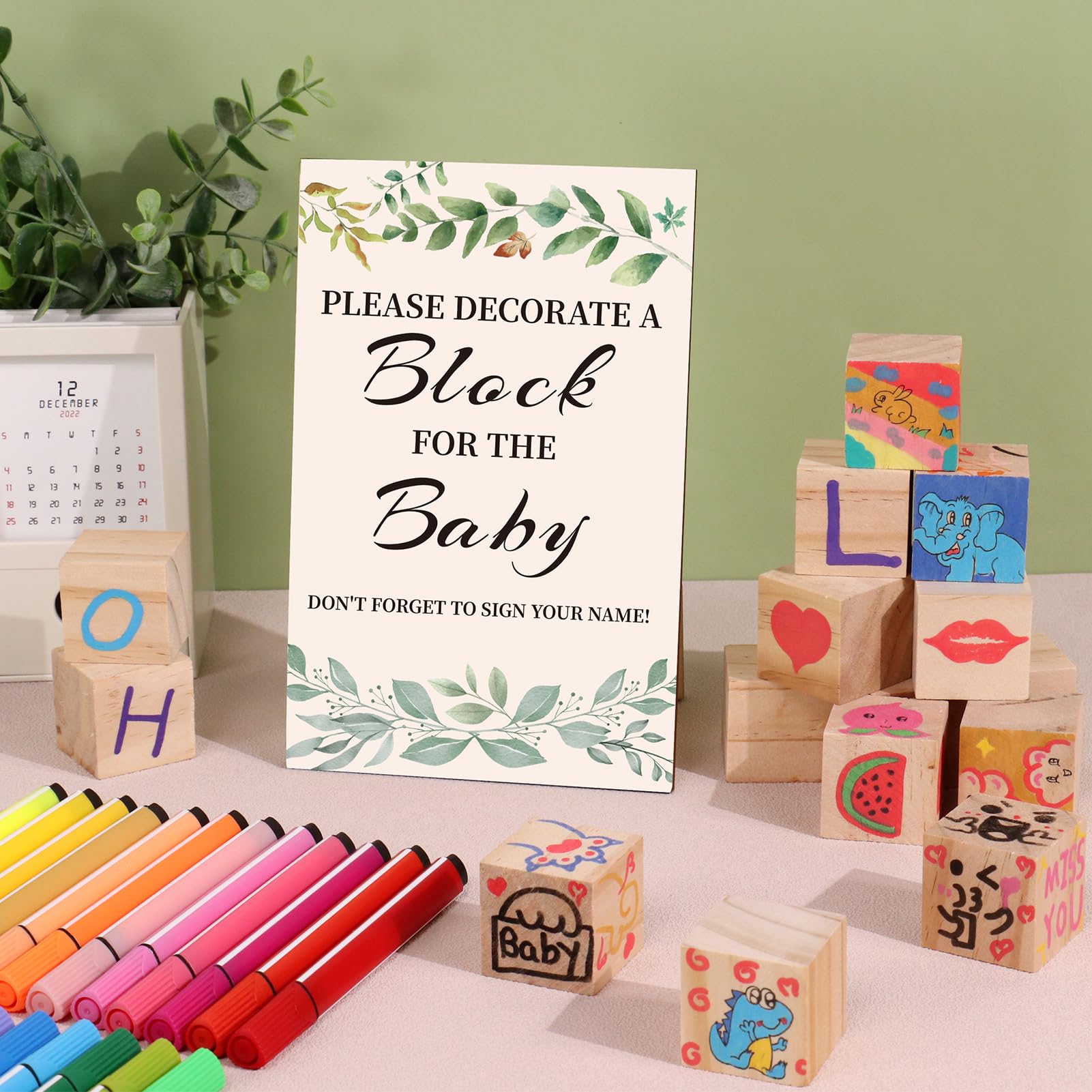 Paint Marker Set 73-Piece Baby Shower Game Kit - 48 Wooden Blocks & 24 ...