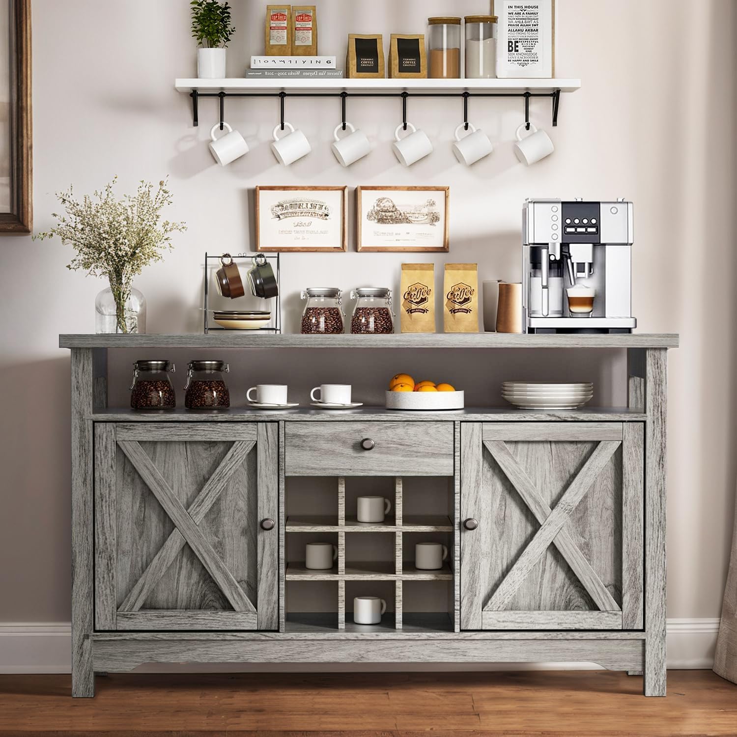 Amazon.com: Farmhouse Coffee Bar Cabinet, 47" Grey Coffee Bar with ...