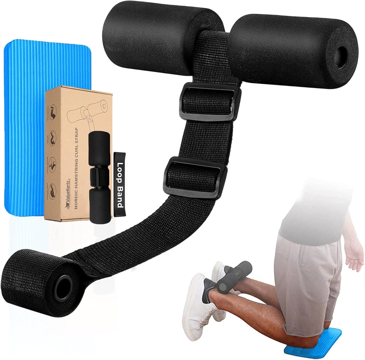 Nordic Hamstring Curl Strap with Fitness Knee Mat & loop band. The ...