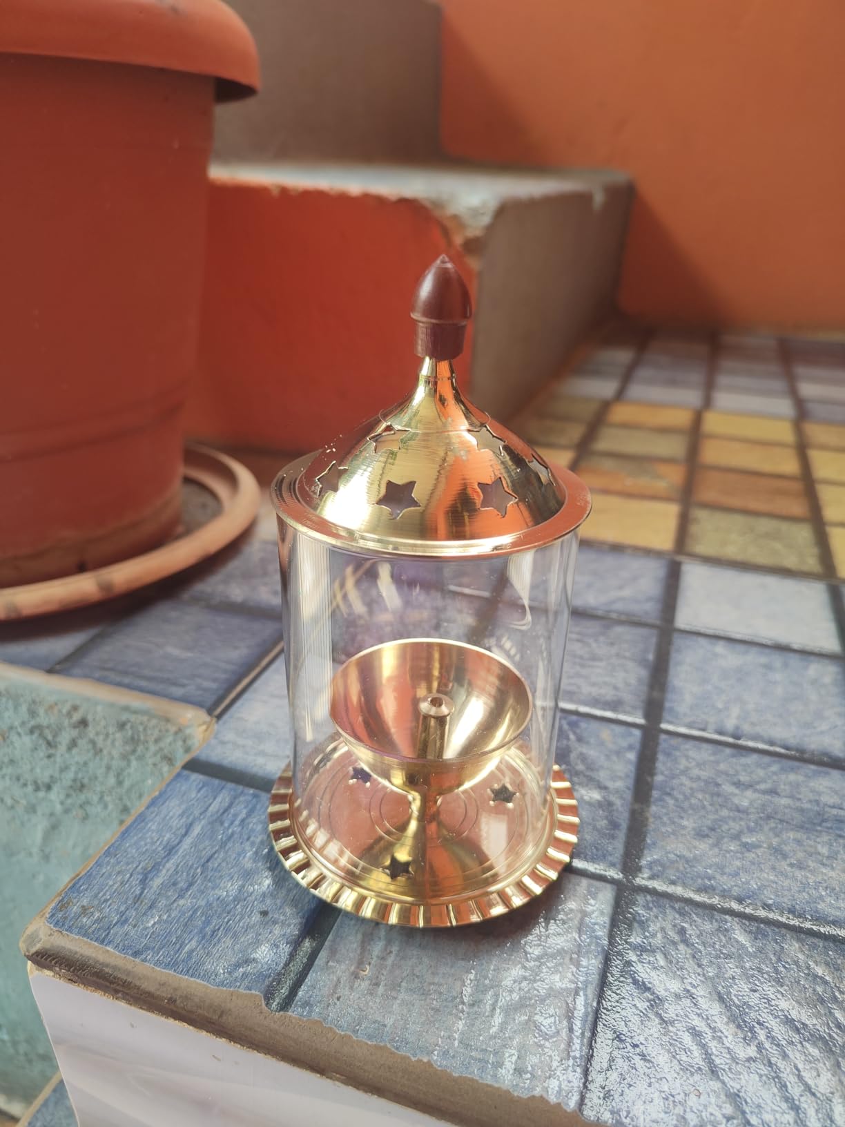 Buy Brass Akhand Diya with Glass Cover - 7 inches Golden Akhand Diya ...
