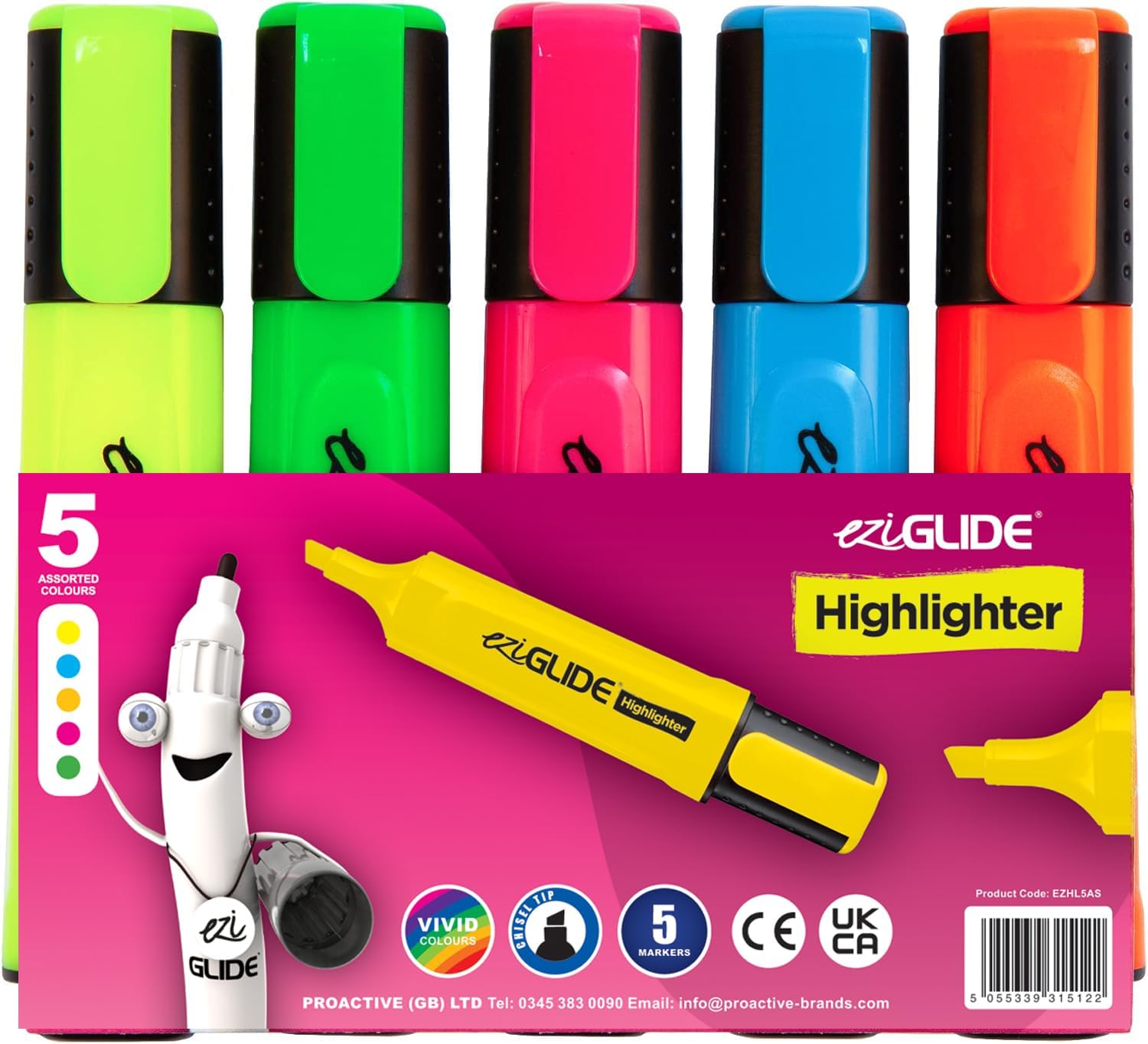 Eziglide Highlighters Pens Assorted, Pack of 5 Vibrant Highlighters ...