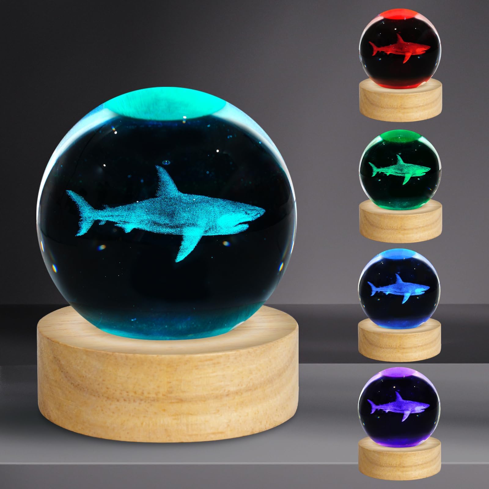 YYLZEPHB 3D Shark Crystal Ball Night Light with Woodern Base, 3.15 ...