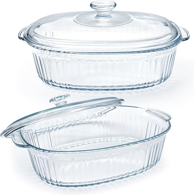 Amazon.com: Oval Casserole Dish With Lid: Set of 2 Clear Glass Bakeware ...