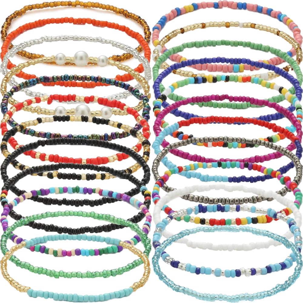 Amazon.com: PIGIAOKA 24PCS Beaded Anklet for Women Boho Elastic Beaded ...