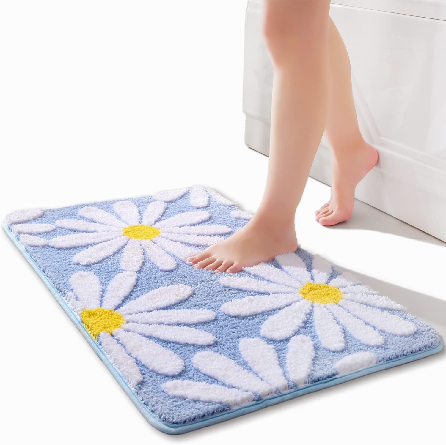 Amazon.com: QJHOMO Blue Bathroom Rugs Cute Daisy Bath Mat White and ...