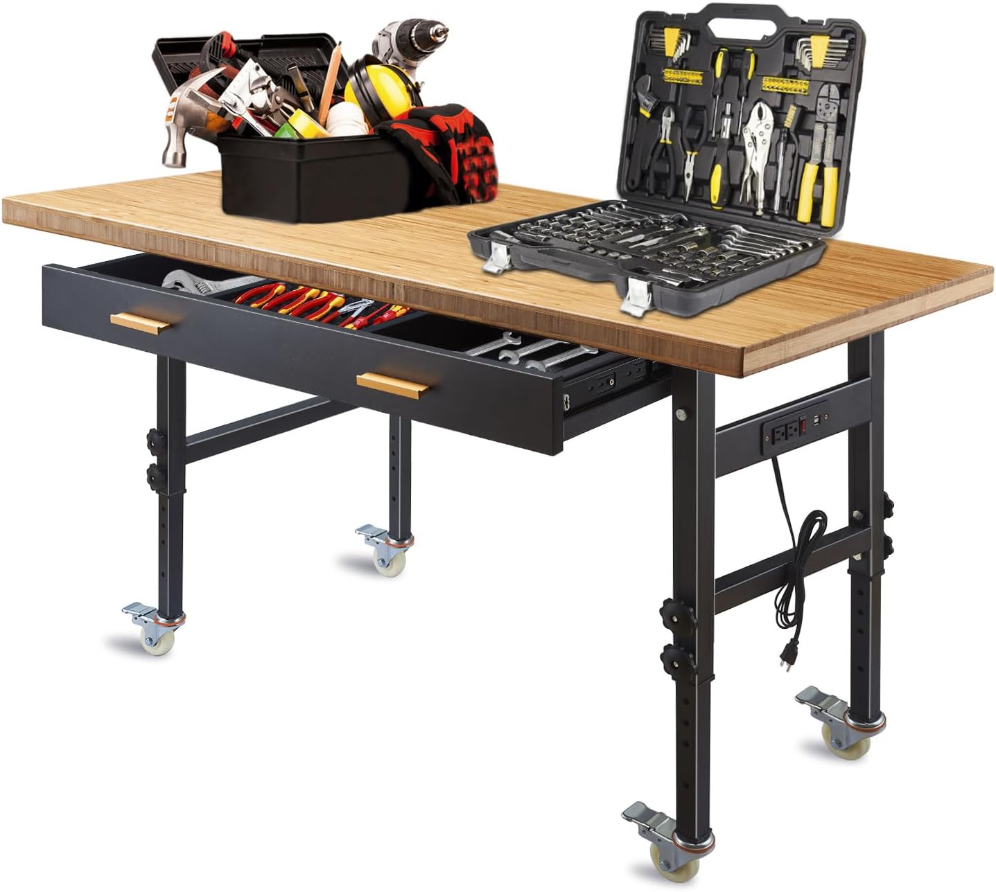 60" Adjustable Work Bench, Power Outlet, and Wheels - Heavy Duty Work ...