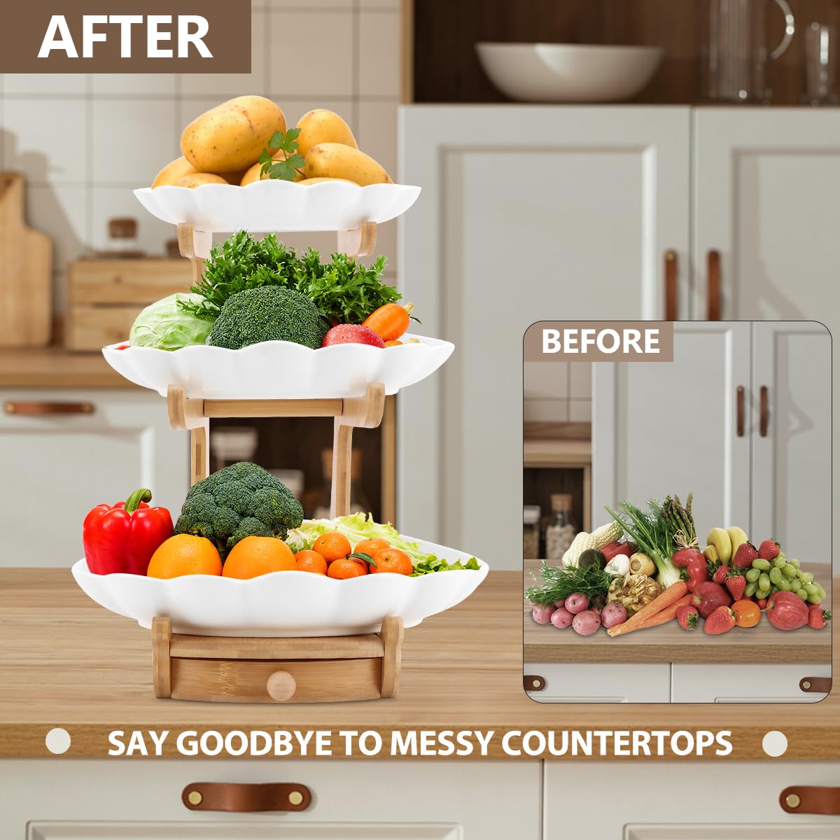 BreeRainz Upgrade Design 3 Tier Ceramic Fruit Bowl for Kitchen Counter ...