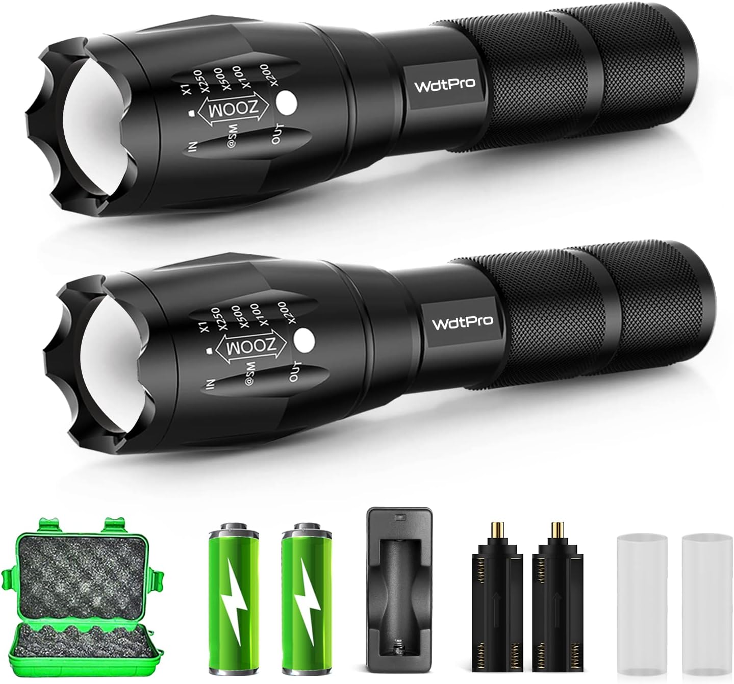 Rechargeable Tactical Flashlights 2 Pack, WdtPro High Lumens XML-T6 LED ...