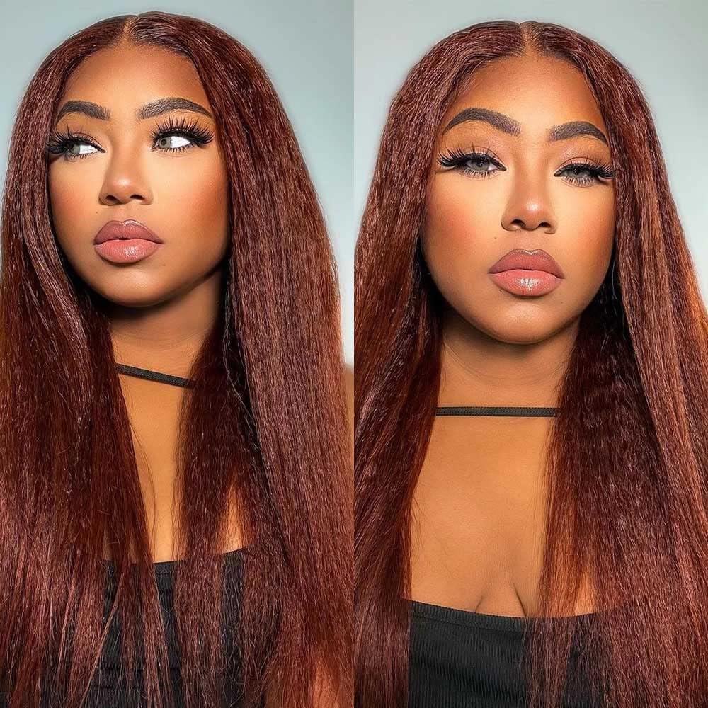 Amazon.com : DolmaX Long Yaki Synthetic Lace Front Wigs Dark Auburn ...