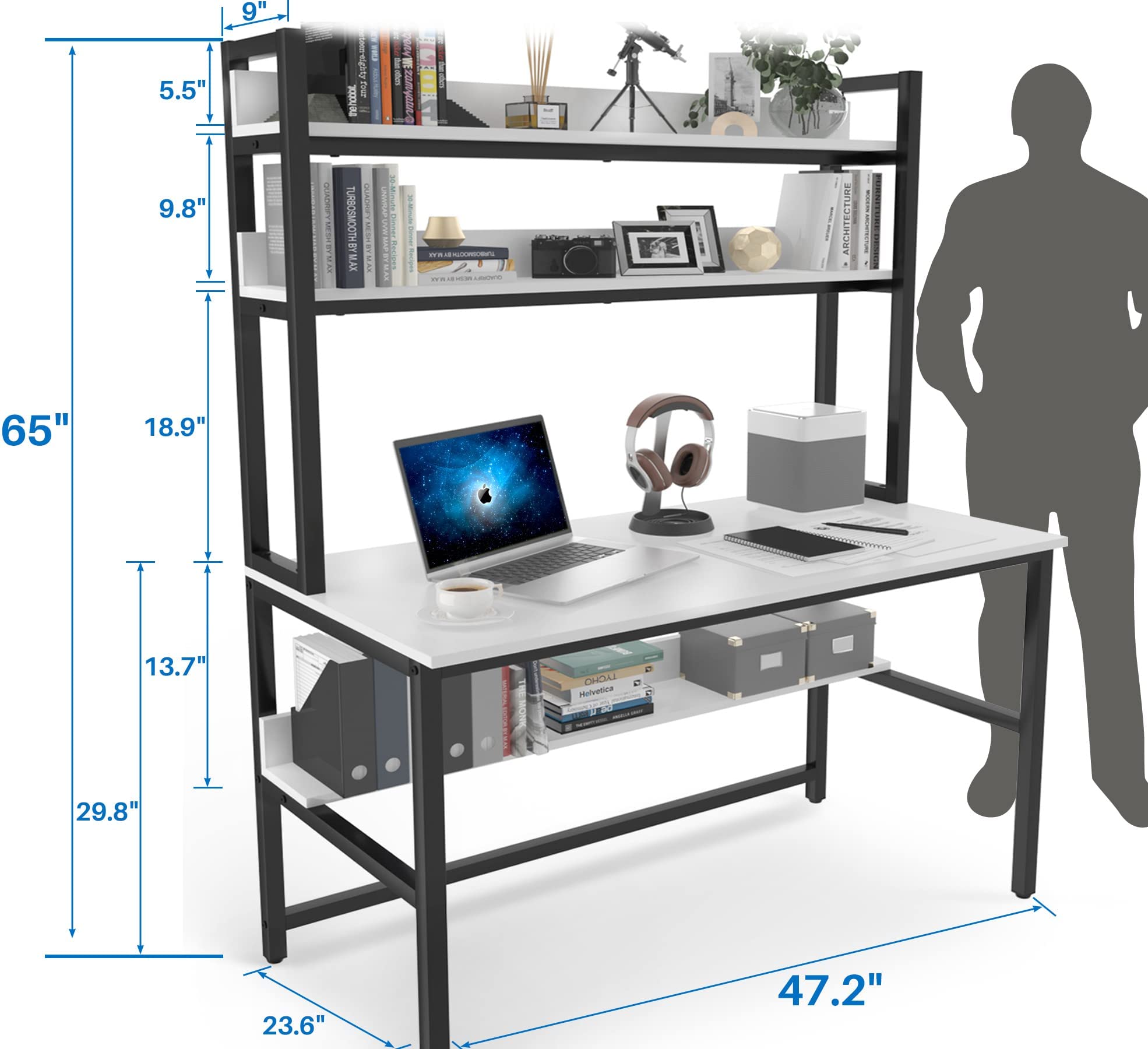 Aquzee Computer Desk with Hutch and Bookshelf, 47 inch Wide White Home ...