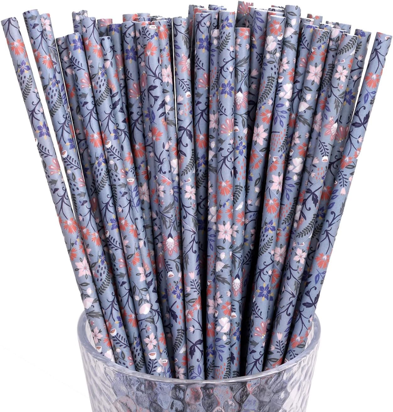 Amazon.com: 100 pcs Colored Floral Blue Paper Straws, Colorful Garden ...