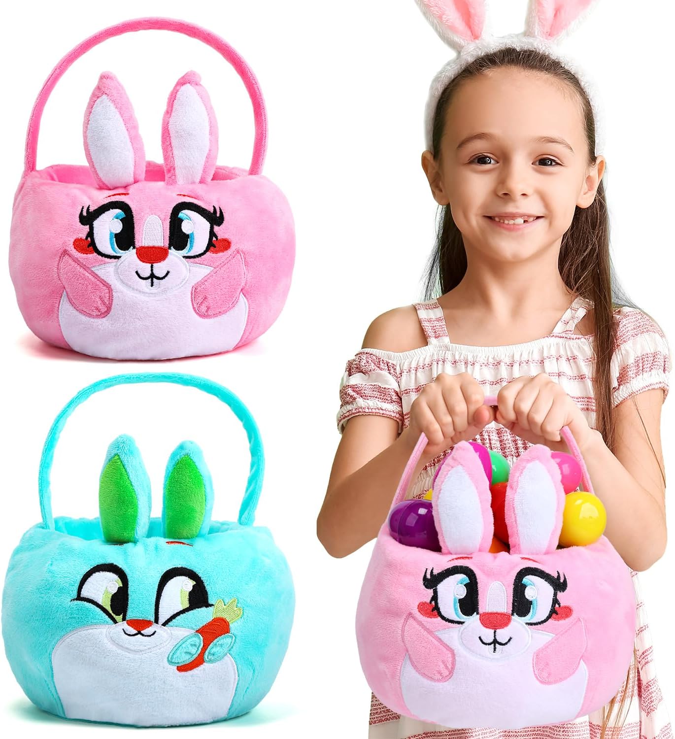 Amazon.com : 2 Pcs Easter Basket for Kids, Plush Bunny Easter Basket with Handle for Easter ...