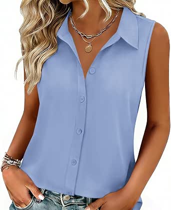 Zeagoo Women's Button Down Tank Tops V Neck Sleeveless Shirts Blouses ...