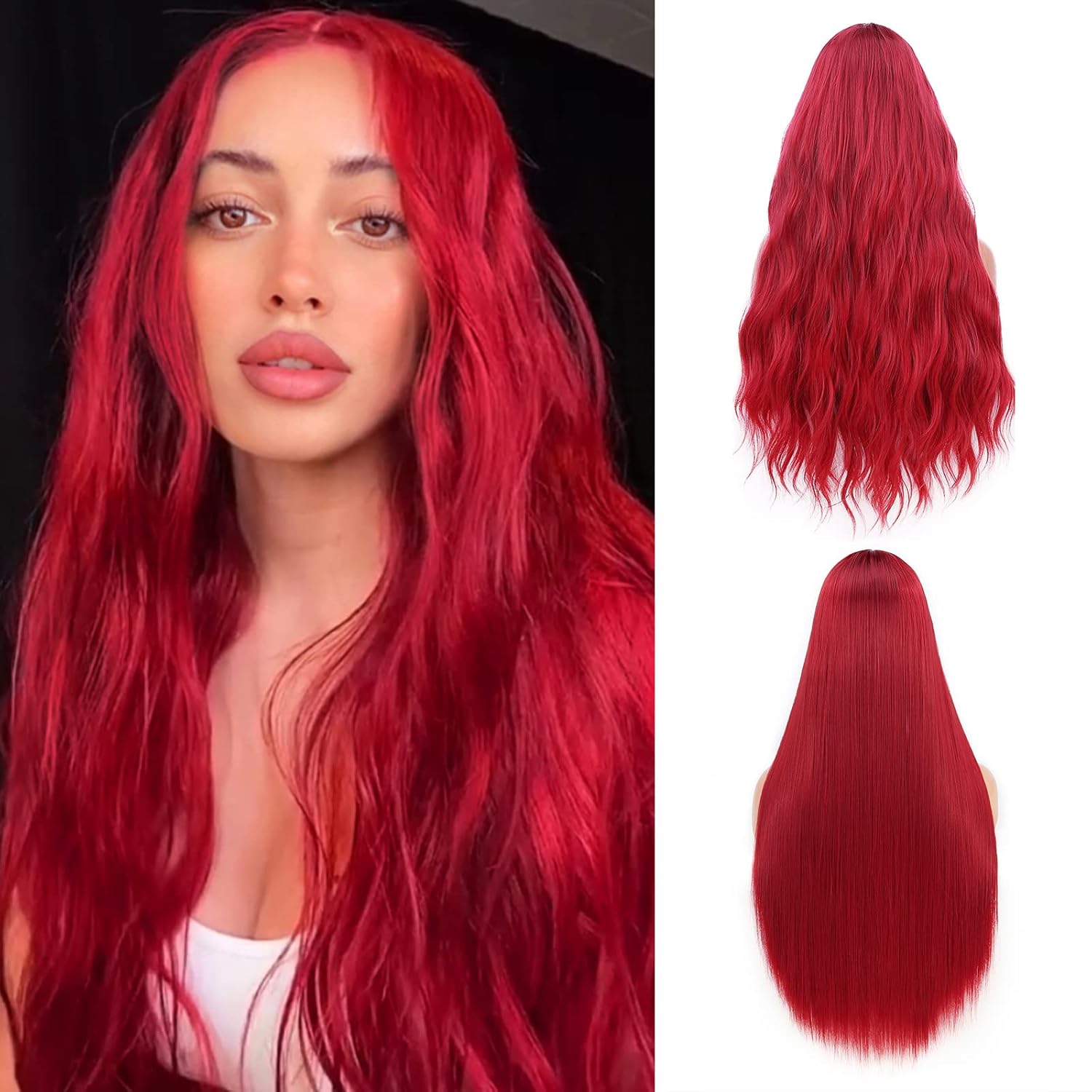 Amazon.com: FAVE Red Wigs for Women Mermaid Waves Synthetic Wig 28 ...