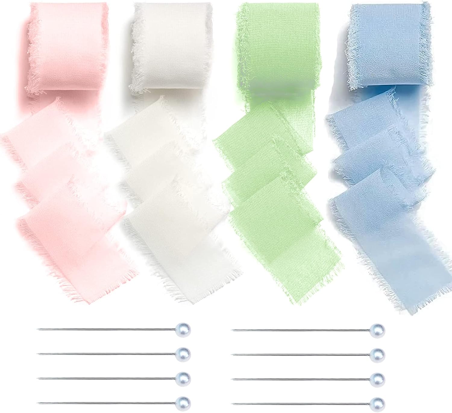 Fringe Chiffon Ribbons, 4 Rolls 1.57" X 5 Yard Mixed Green Cream White ...