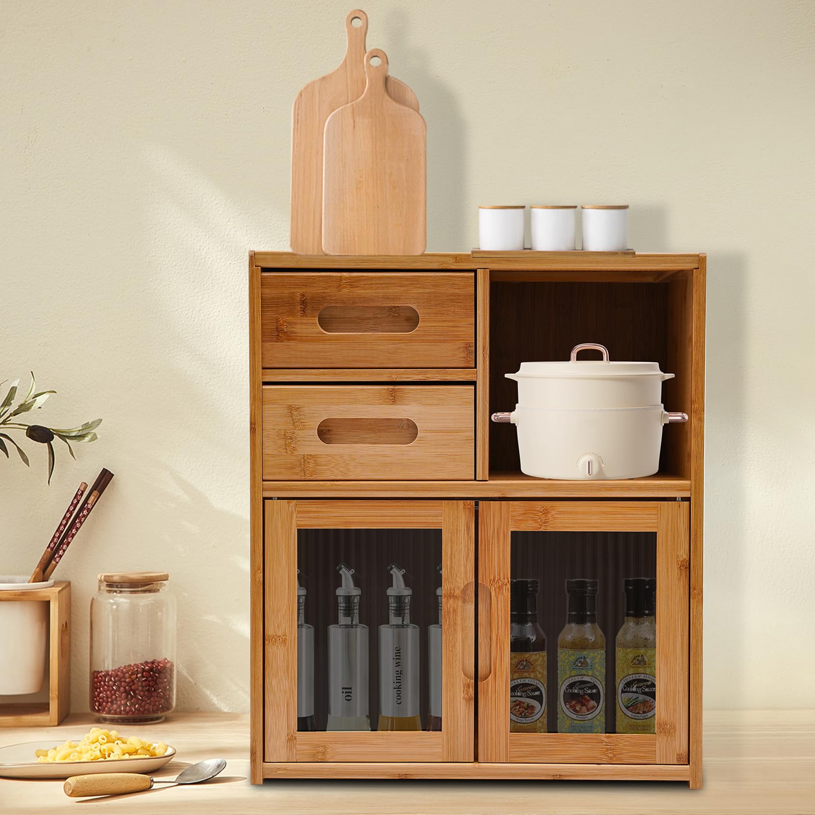 Amazon.com: Bamboo Countertop Storage Cabinet with Doors and Drawers ...