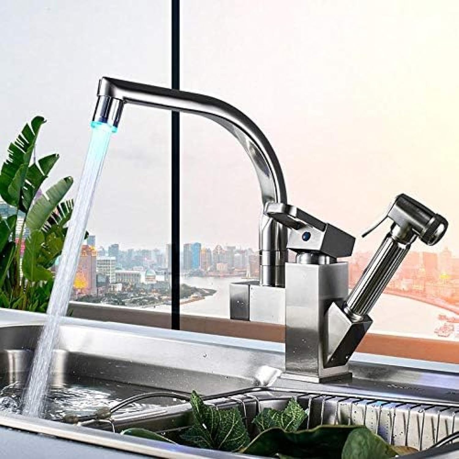Brushed Nickel Dual Spout Pull Out Kitchen Faucets Deck Mounted Shower ...