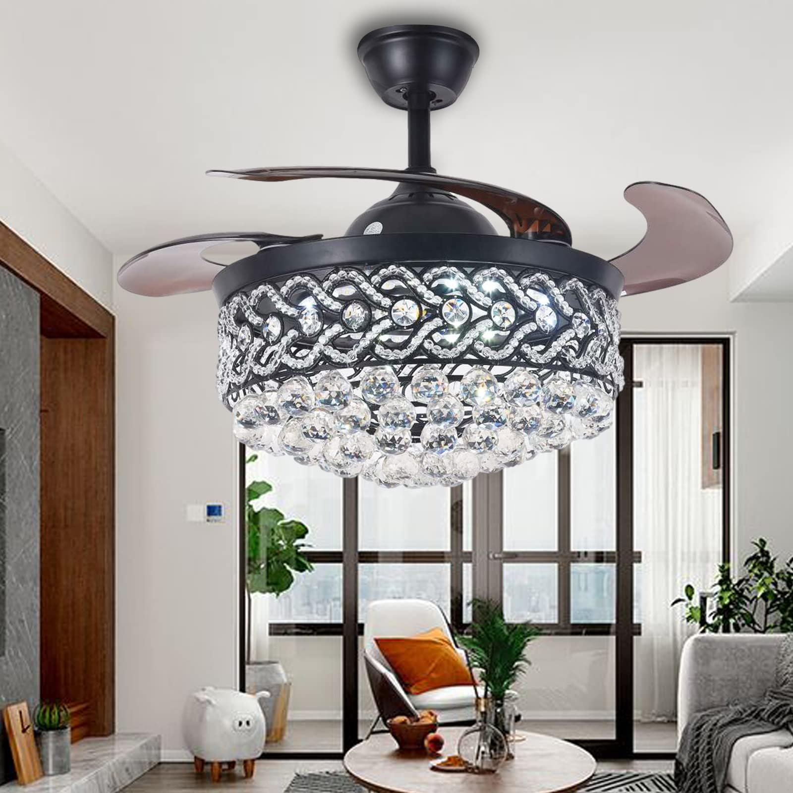 CLAIRDAI 42''Dimmable Fandelier Crystal Chandelier Ceiling Fan ...
