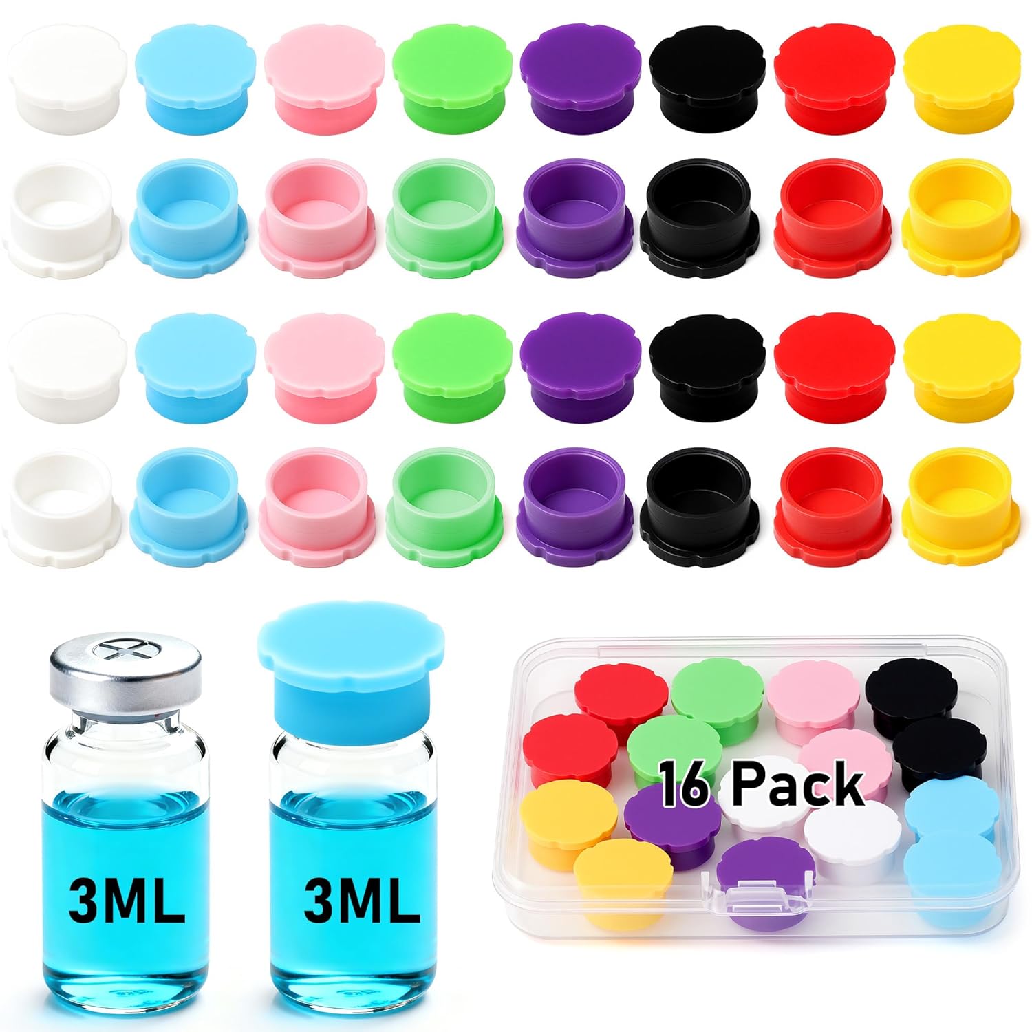 16 Pack Reusable Glass Vials Protective Vial Caps, 3ml, – 8 Assorted ...