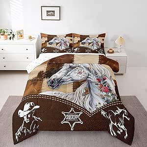 Amazon.com: Manfei White Horse Comforter Set Queen Size, Abstract Brown ...