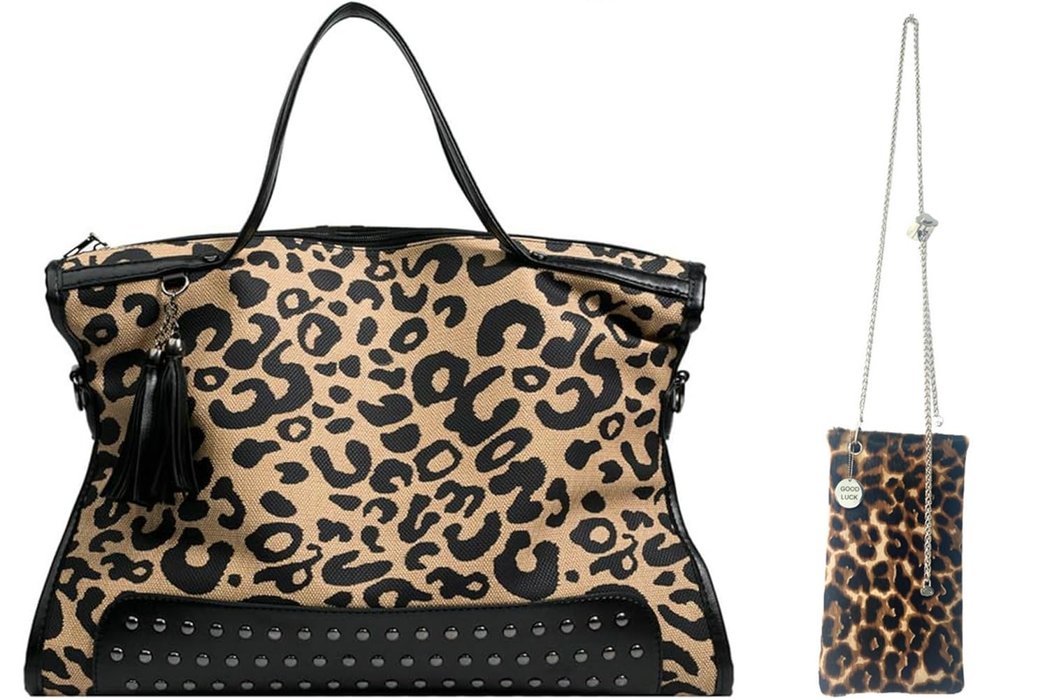 Amazon.com: Oversized Leopard Stud Purse with Small Genuine Leather ...