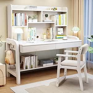 Modern White Home Computer Desk with Drawer, Desktop Hatch with Cable ...
