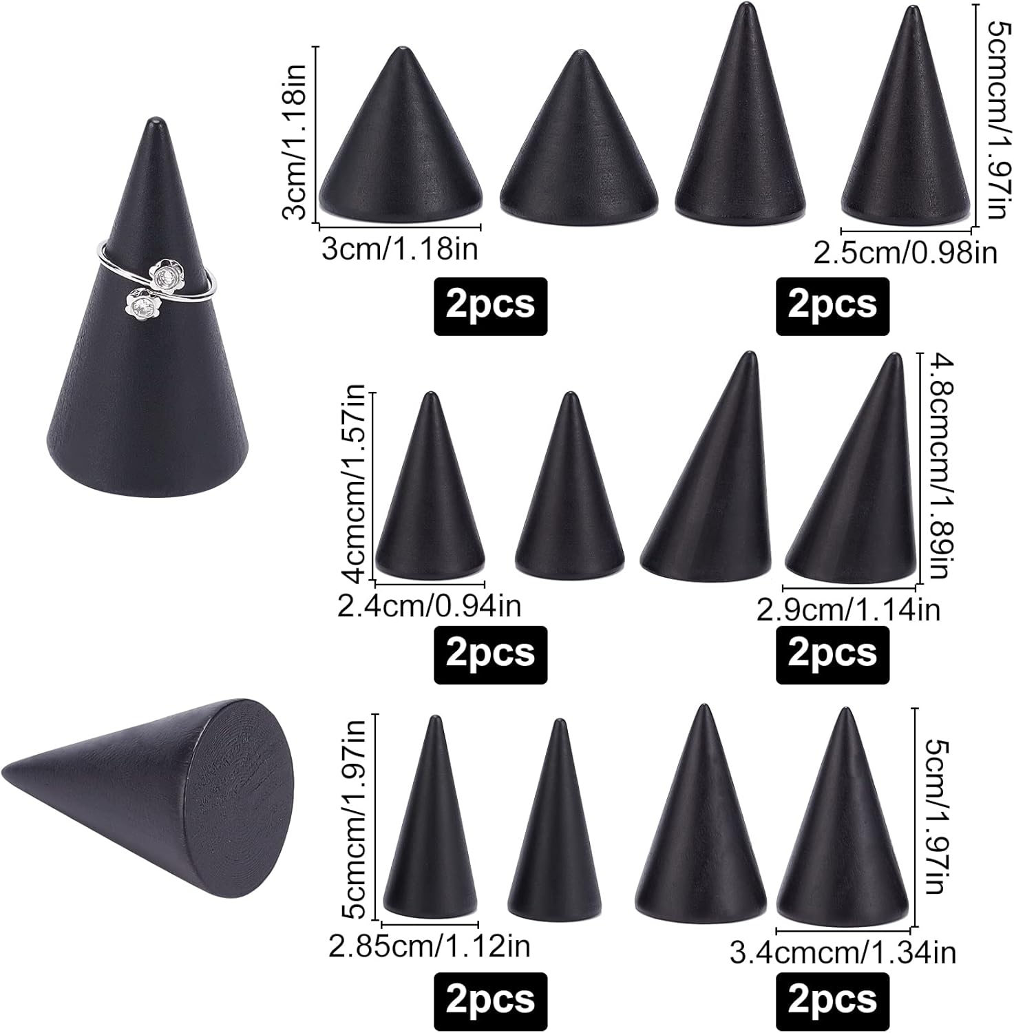 FINGERINSPIRE 12 Pcs Wooden Cone Ring Holders 6 Different Size Finger ...