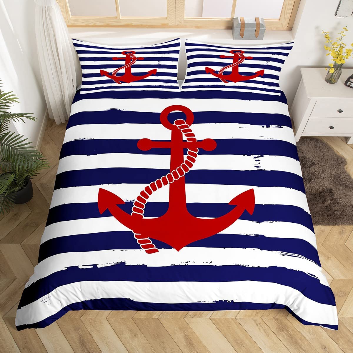 Amazon.com: Nautical Anchor Duvet Cover Sets Queen,Geometric Stripes ...