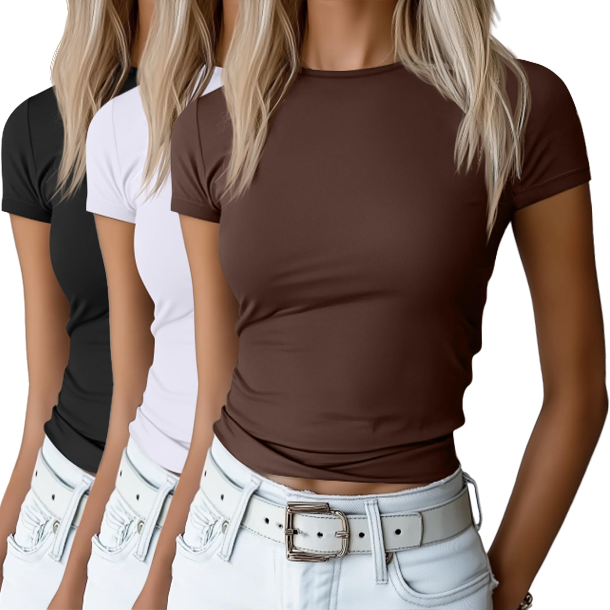Riyiper 3 Pcs Women's Short Sleeve Crop Tops, Boat Neck Slim Fitted ...