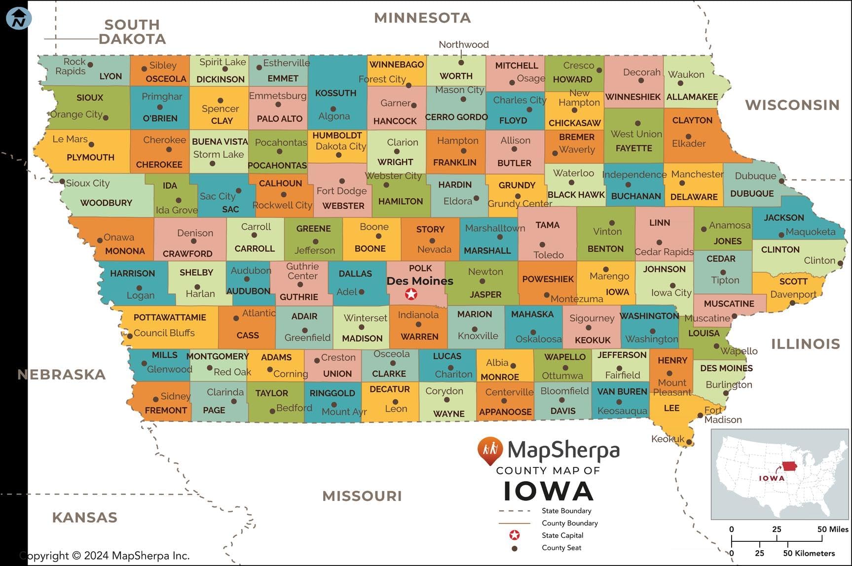 Amazon.com : Iowa Counties Map - Large - 32 x 48 inches - Front ...