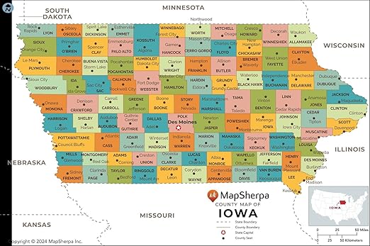 Amazon.com : Iowa Counties Map - Large - 32 x 48 inches - Front ...