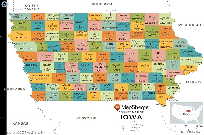 Amazon.com : Iowa Counties Map - Large - 32 x 48 inches - Front ...