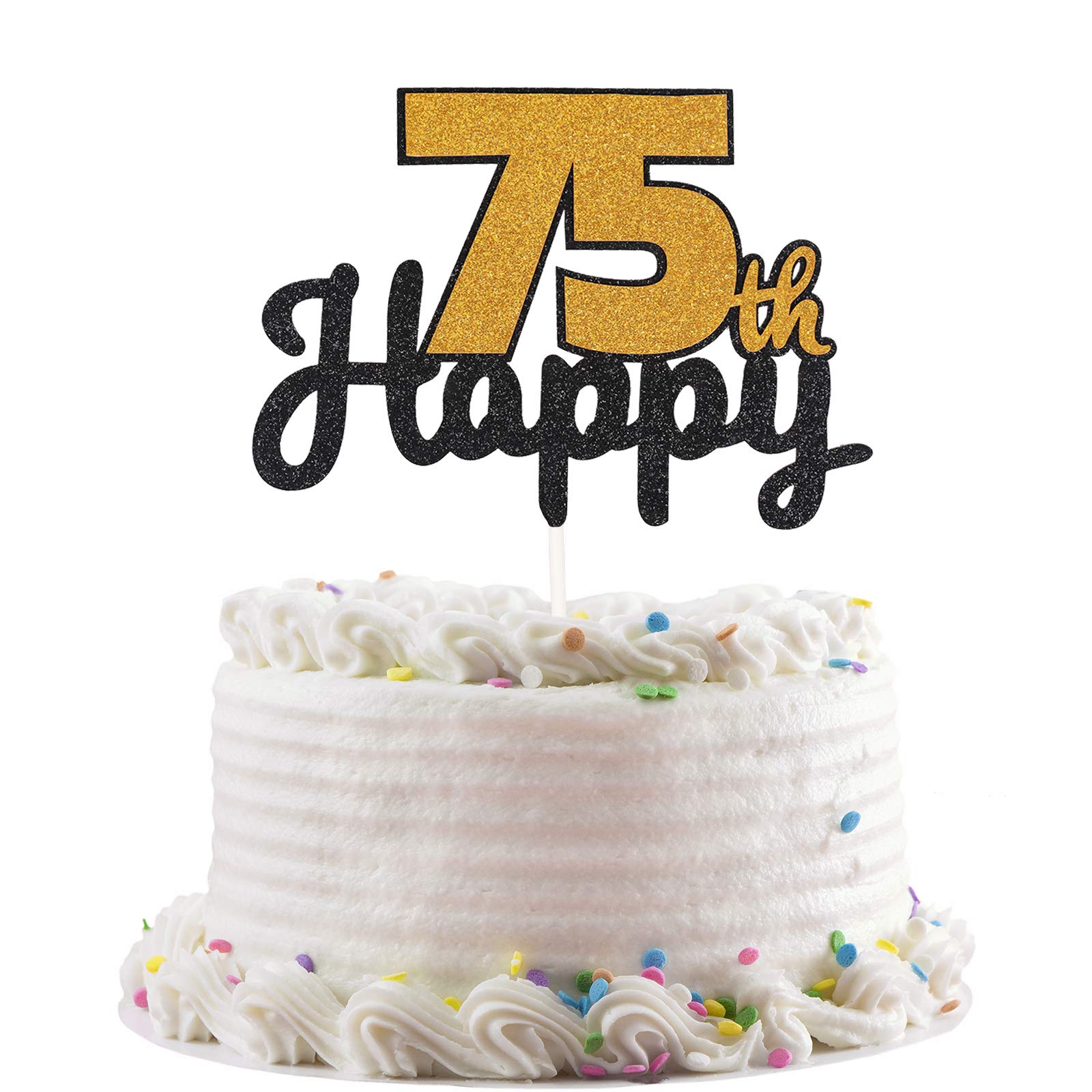 Laskyer Happy 75th Birthday Black And Gold Glitter Cake Topper ...