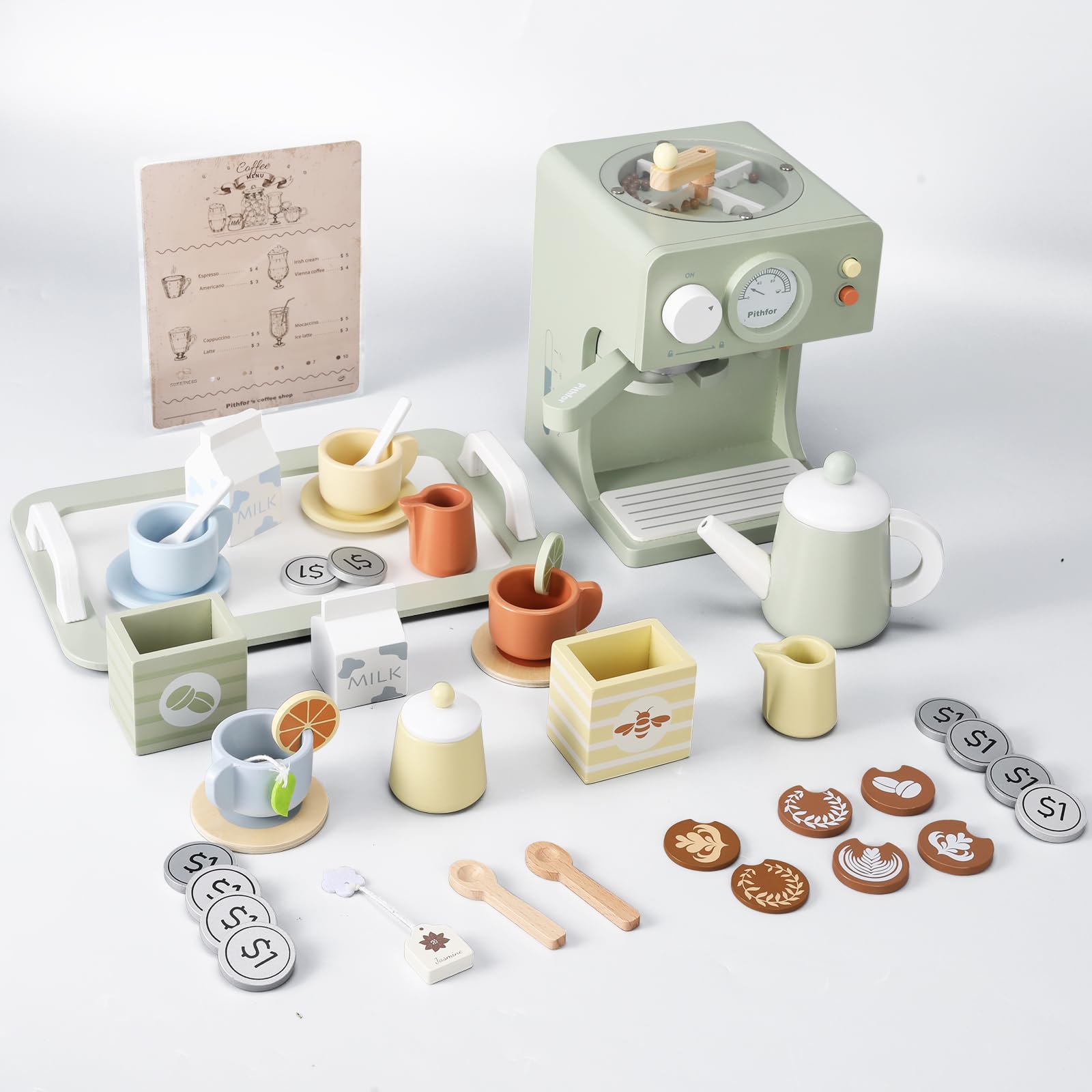 Amazon.com: Pithfor Kids Wooden Coffee Maker Toy and Play Tea Set ...