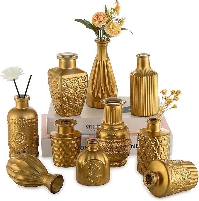 Amazon.com: Hewory Golden Small Glass Vases for Centerpieces 10pcs Dark ...