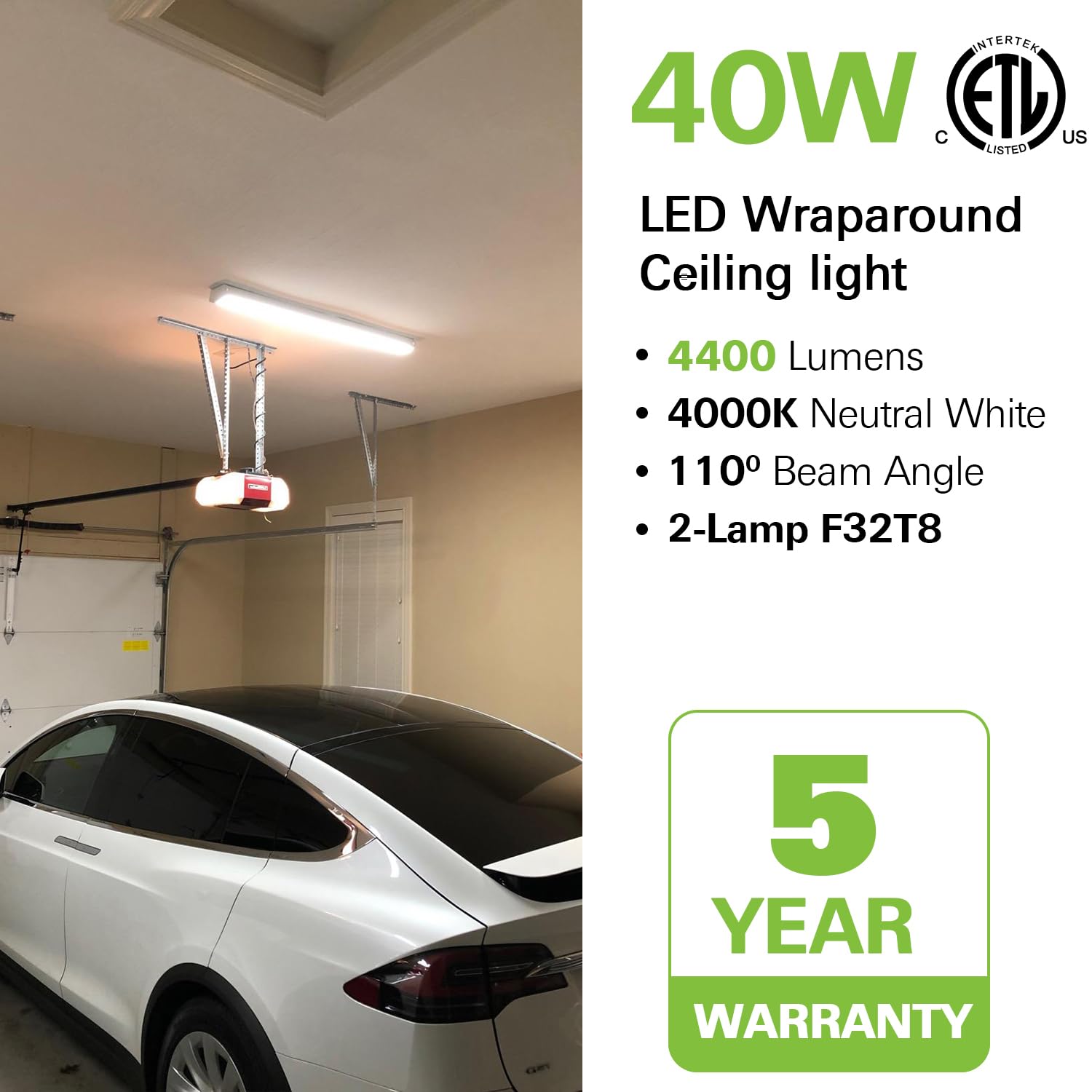 4FT LED Wraparound, 40W Shop Lights LED Shop Lights for Garage, 4400lm ...
