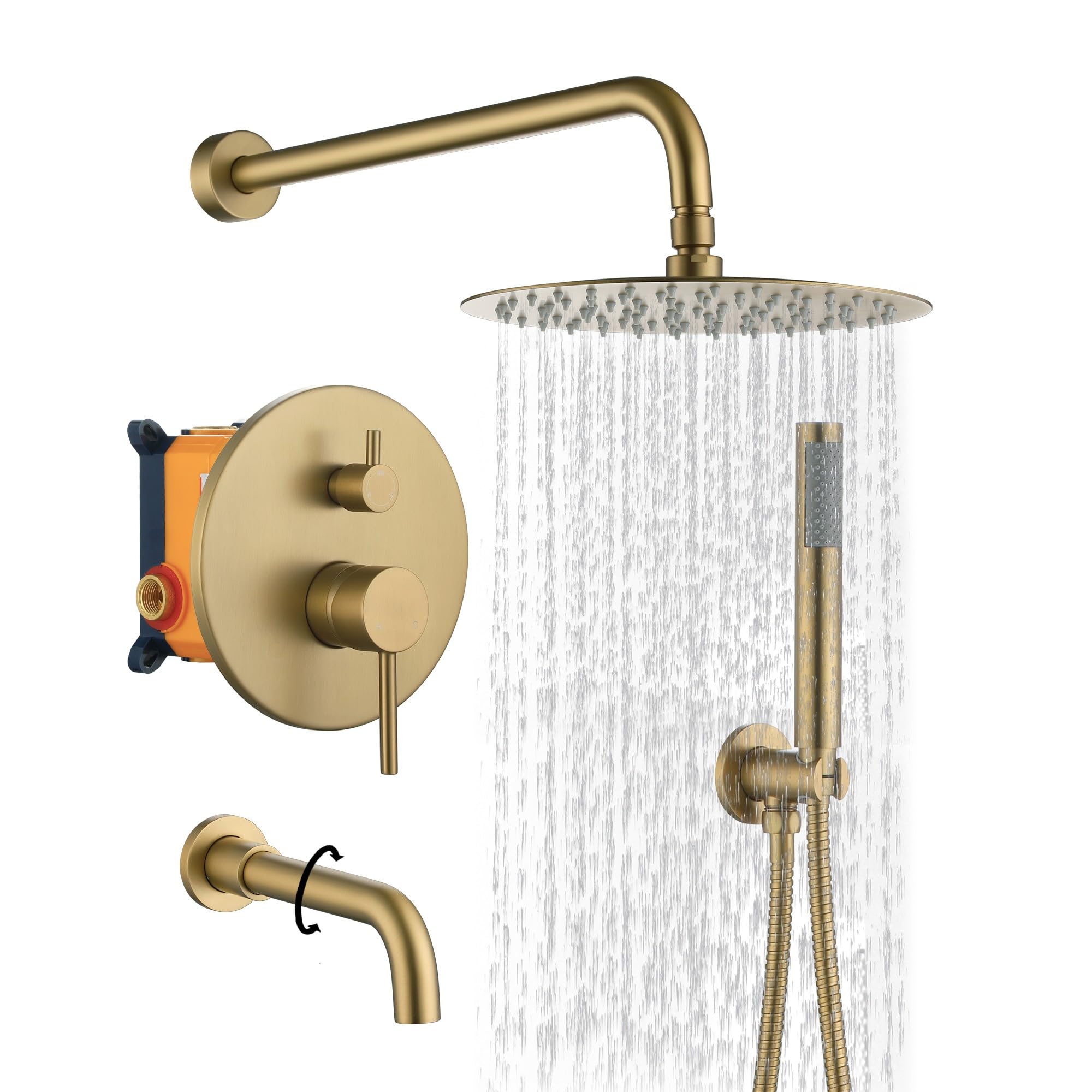 Shower System with Tub Spout 10 Inches Brushed Gold Round Rain Shower ...