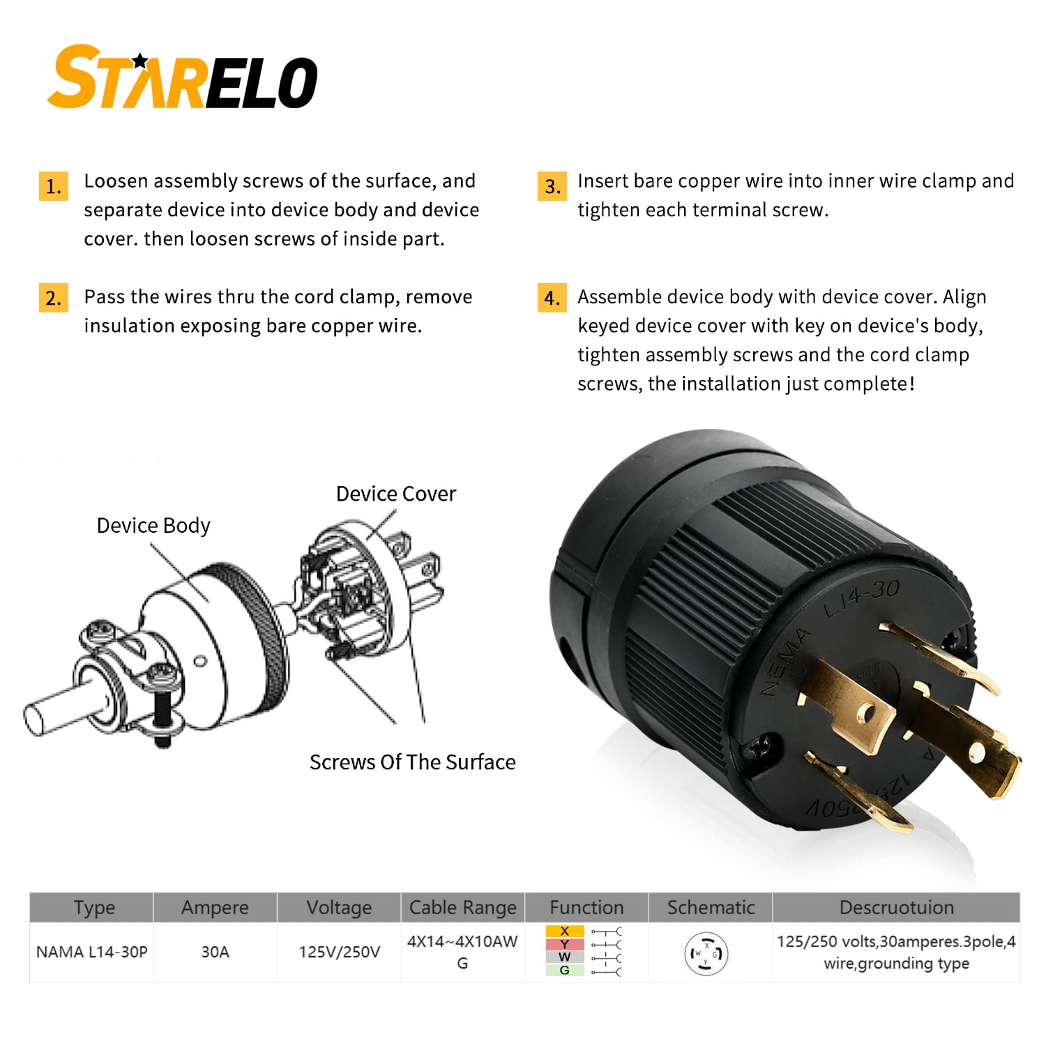 Snapklik.com : Locking NEMA L14-30P Generator Extension Cord End Male ...