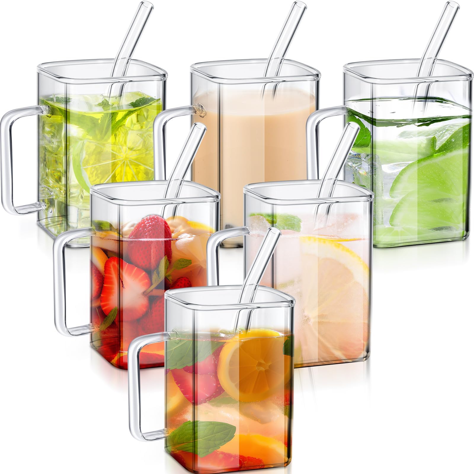 Amazon.com: Rtteri 12 Pcs Glass Cups with Straws and Lids, Portable Iced Coffee Square Glass ...