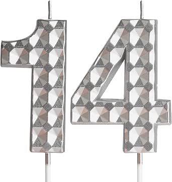 Amazon.com: Silver 14th Birthday Candles,Diamond Design 3D Number 14 ...