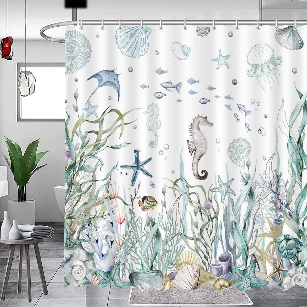 Amazon.com: MEHOFOND Nautical Shower Curtain Coral Seashell Beach ...