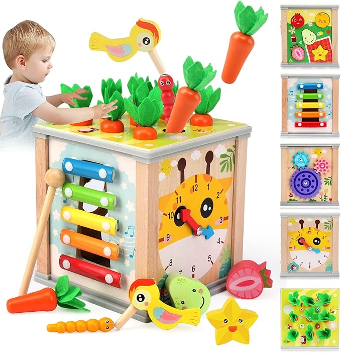 BelleStyle Wooden Activity Cube, 6-in-1 Montessori Toys for 1 Year Old ...