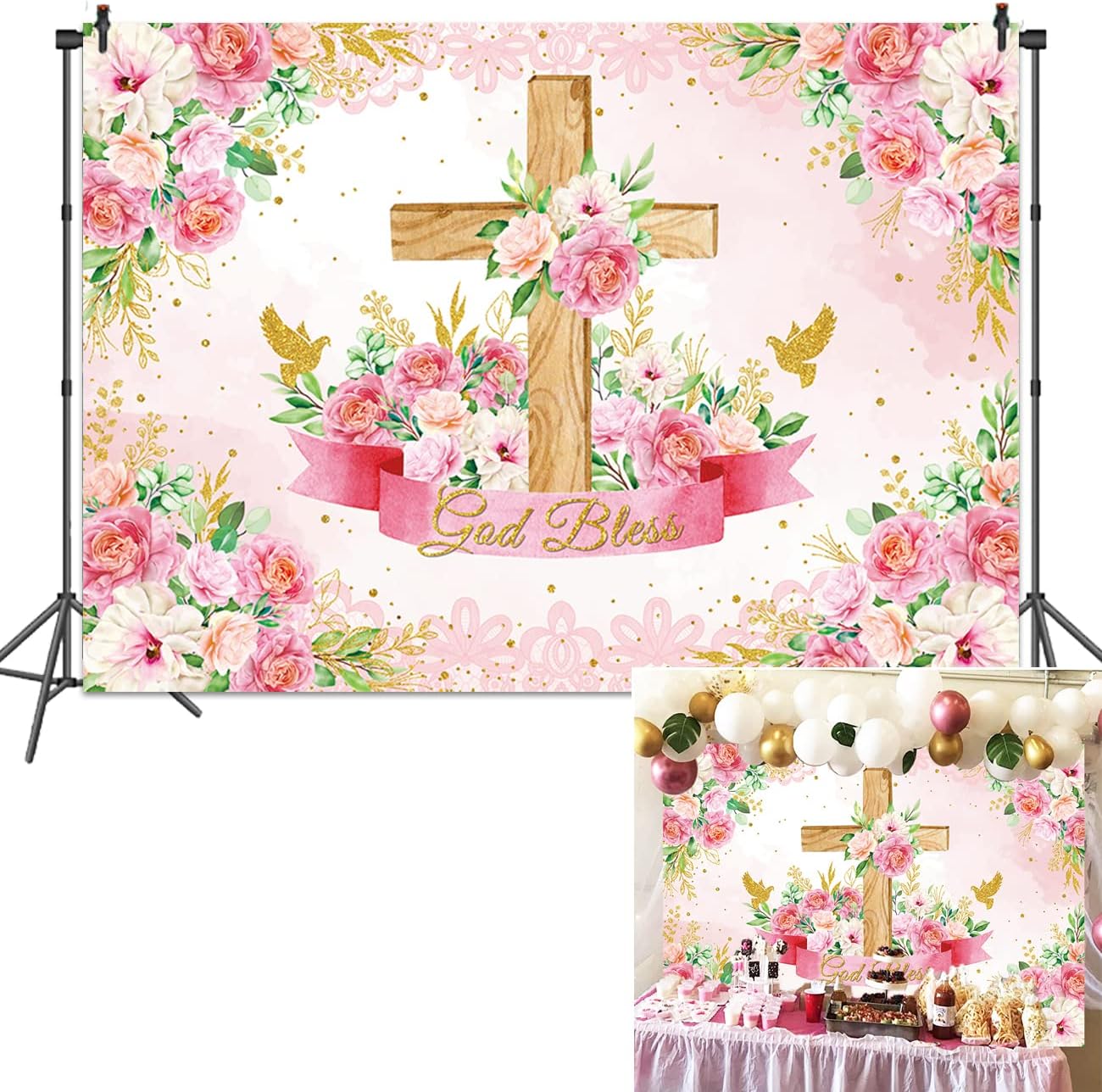 Amazon.com : BAIFNEZ 7x5FT God Bless Baptism Pink Backdrop Girl First ...
