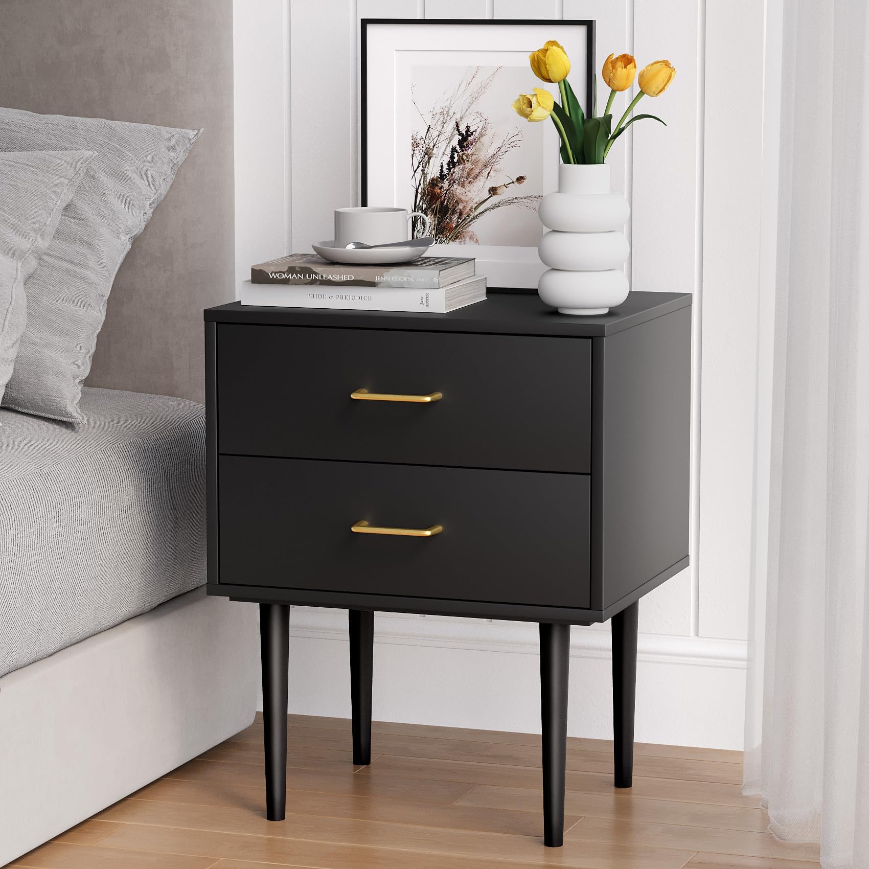 Amazon.com: Semiocthome Modern Black Nightstand with 2 Drawers & Glod ...