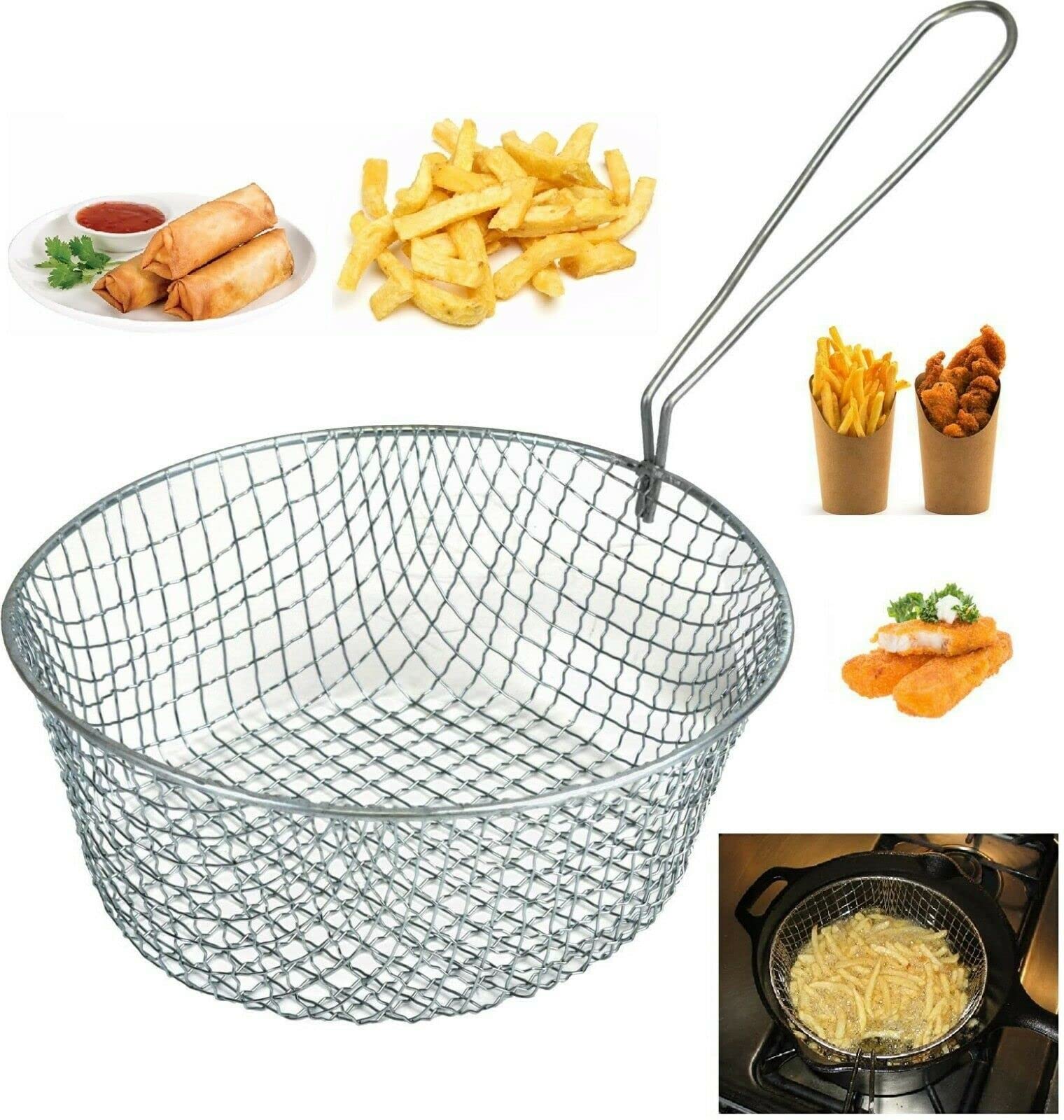 (HoF)® 7"/ 8" / 9" Round Frying CHIP PAN Wire MESH Basket with Handle ...